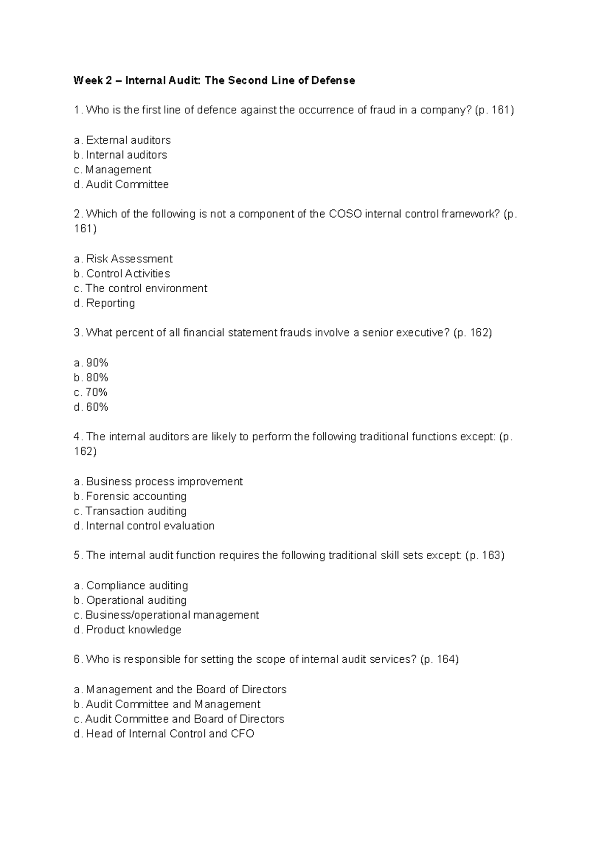 Week 2 Internal Audit (AUD 101): The Second Line of Defense Questions ...
