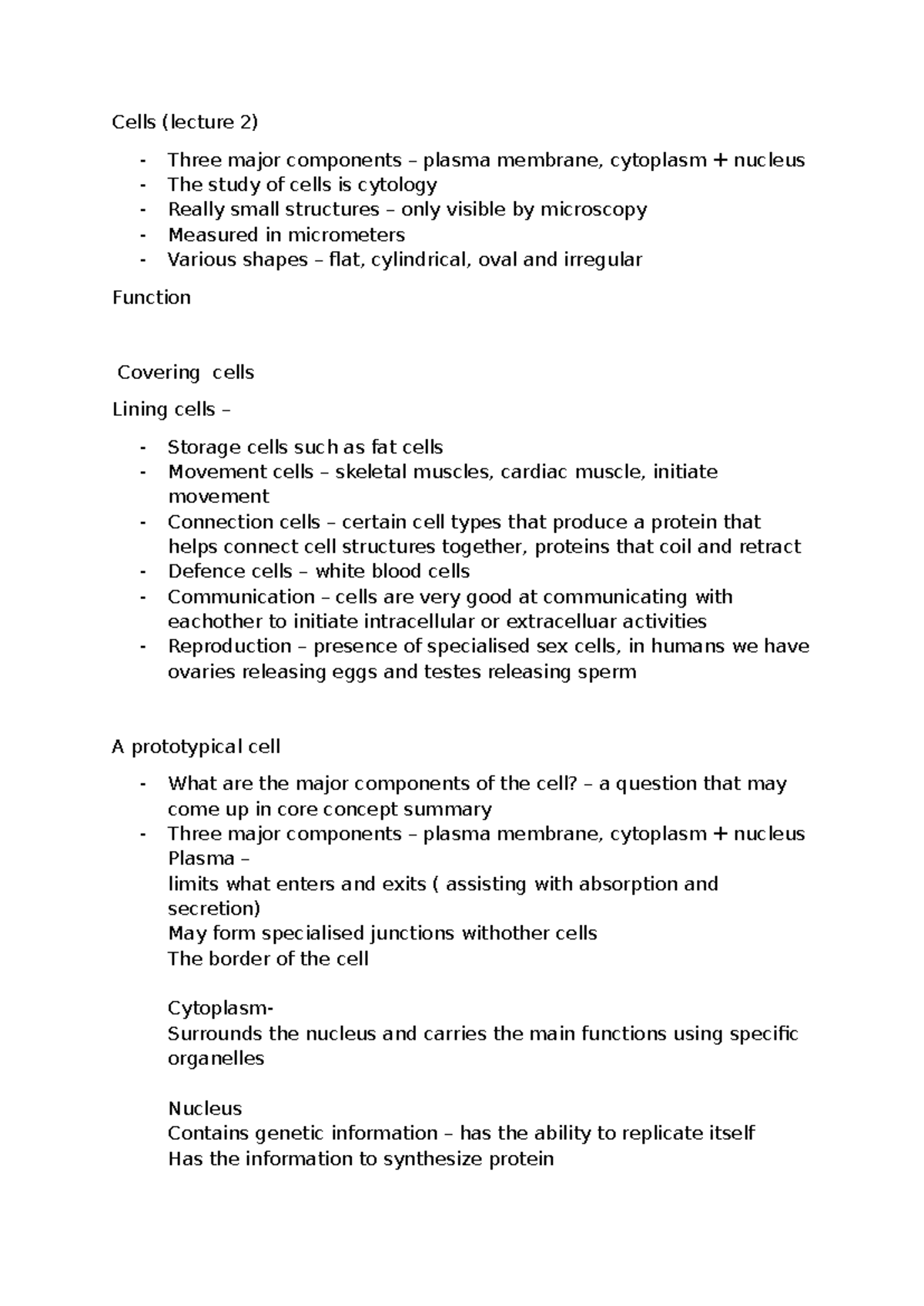 Cells (Lecture 2) - Major Components: Membrane, Cytoplasm, Nucleus - Studocu