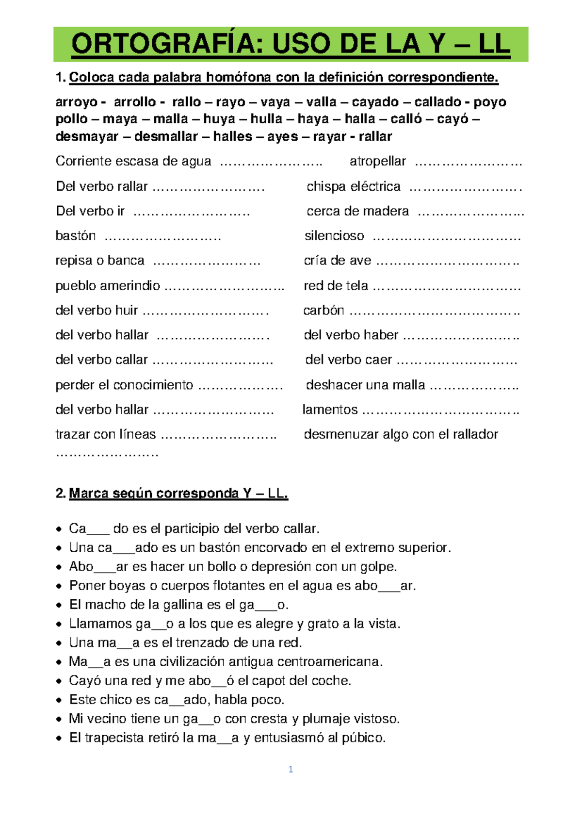 Lengua: Ortografía de la Y y LL - Ejercicios y Definiciones - Studocu