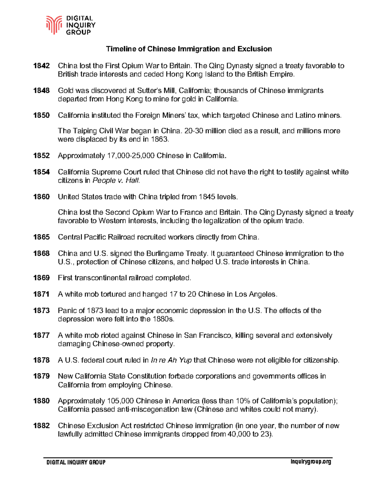 Chinese Immigration and Exclusion Student Materials - Timeline of ...