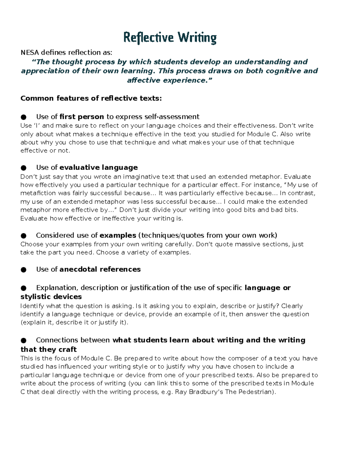 Reflective Writing Guide: Strategies for Module C Success - Studocu
