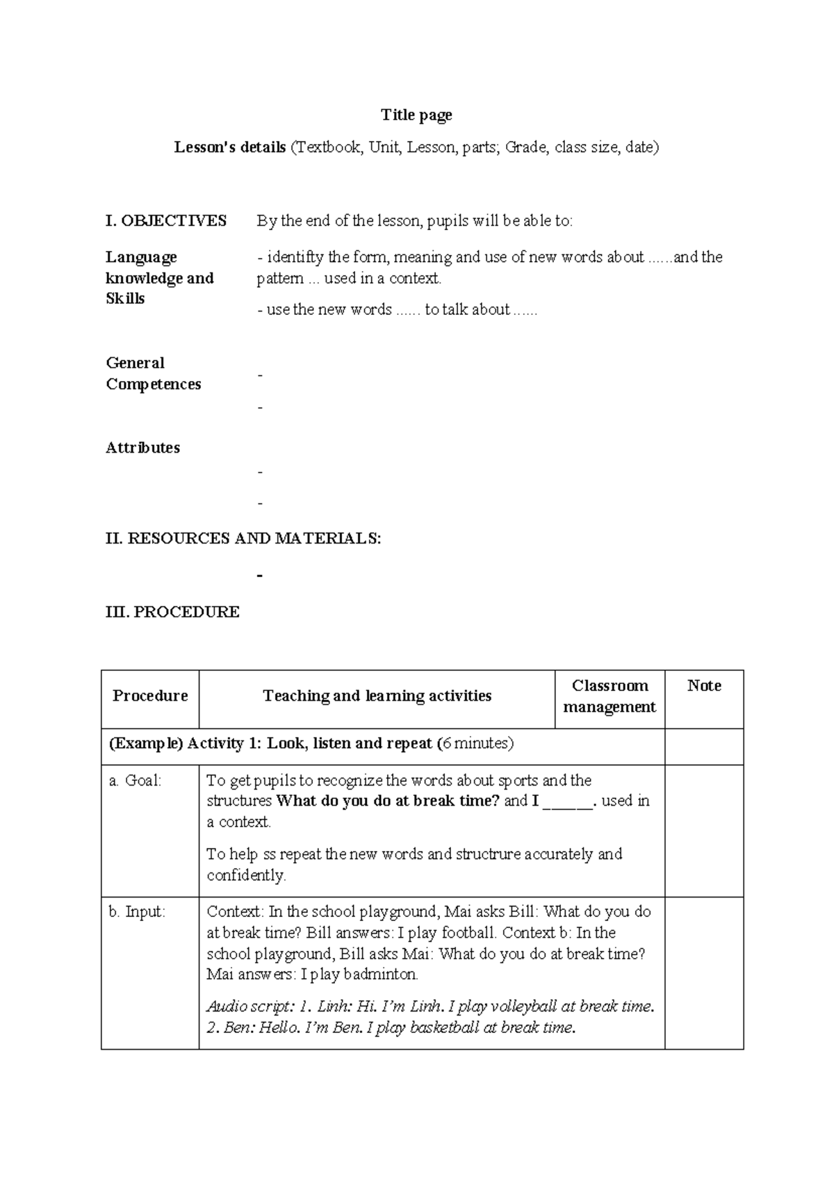 Lesson Plan Template: Language Skills & Activities (Unit, Lesson) - Studocu
