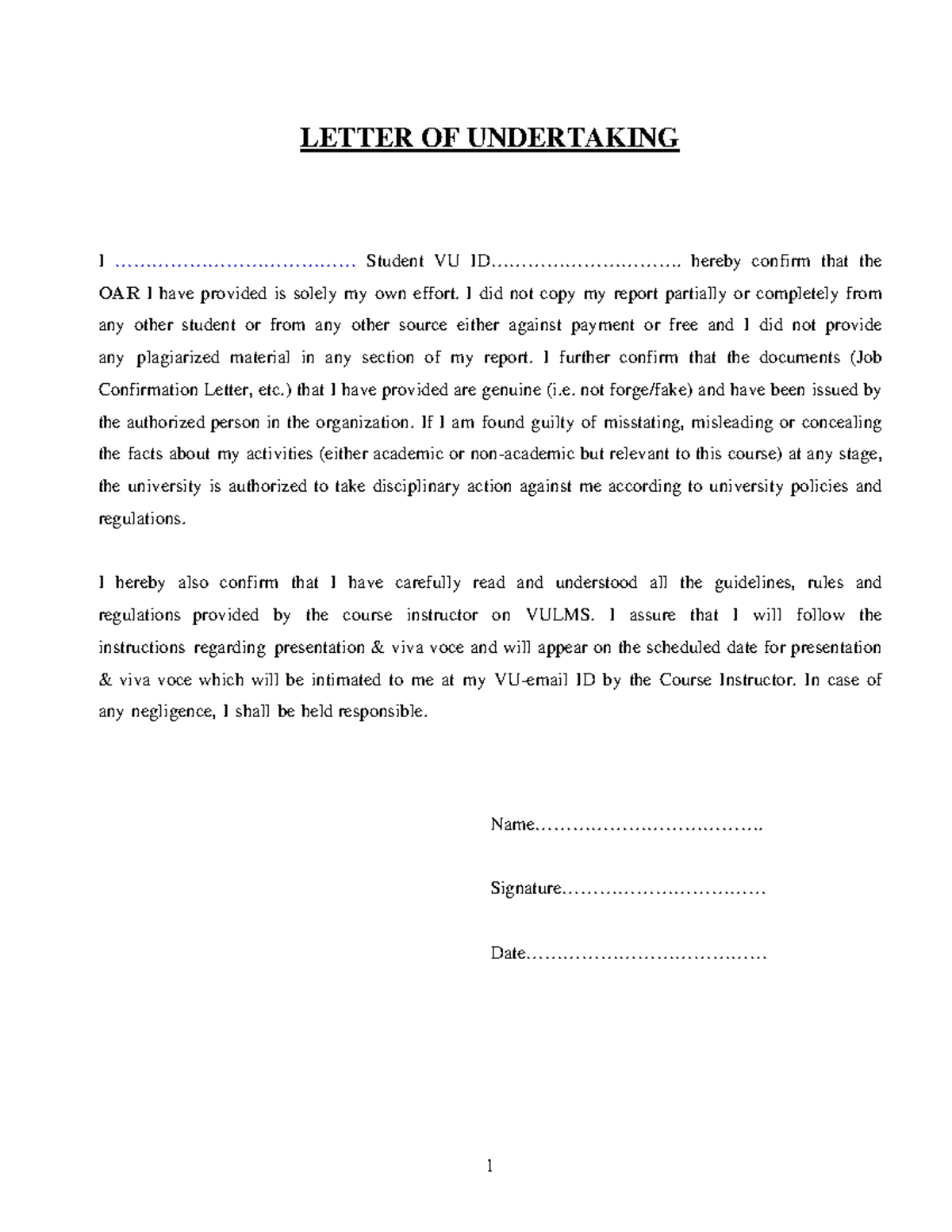 Letter of Undertaking for Course Compliance and Integrity - Studocu