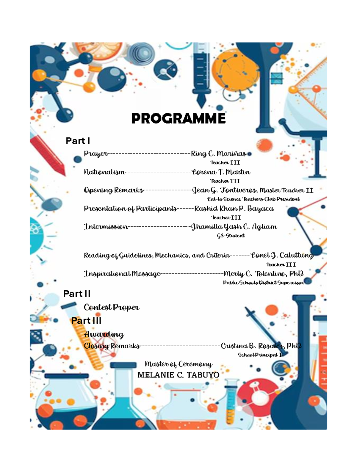 Programme - PROGRAMME Part I Prayer-Ring C. Mariñas Teacher III ...