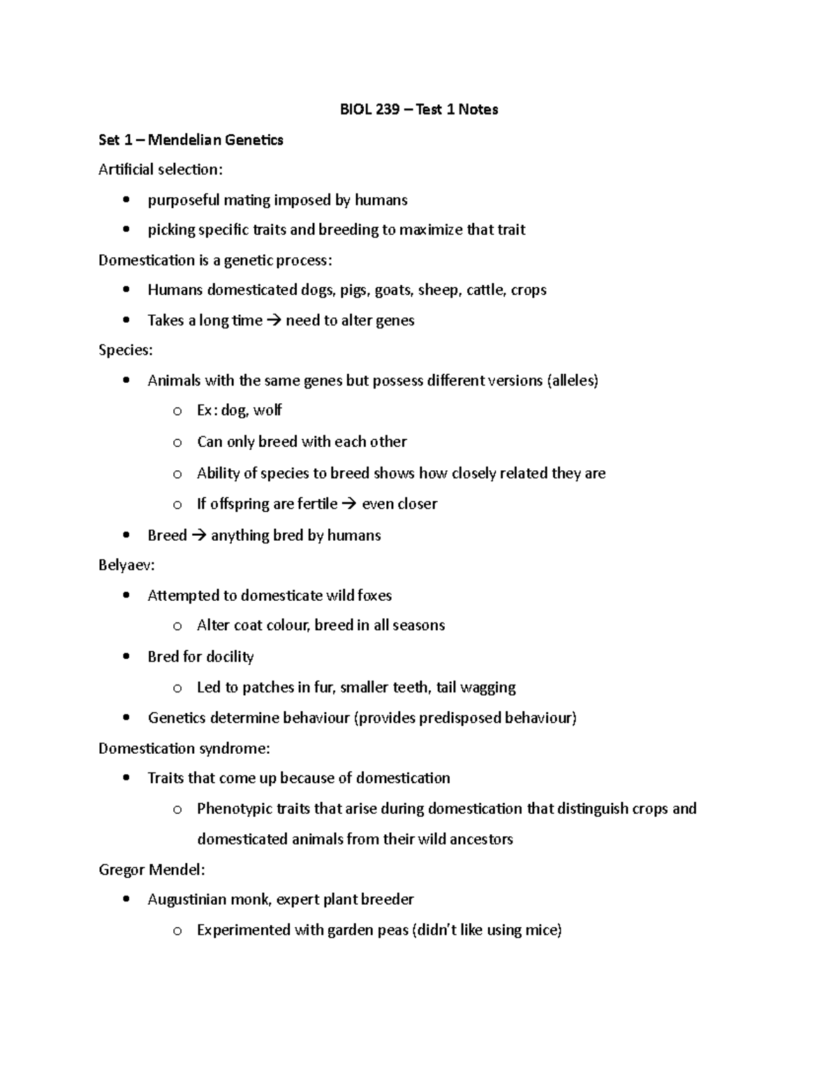 Test 1 Notes - BIOL 239 – Test 1 Notes Set 1 – Mendelian Genetics ...
