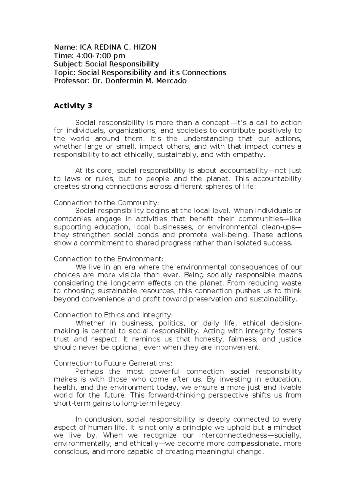 Social Responsibility and Its Connections - SOC 101 Activity 3 - Studocu