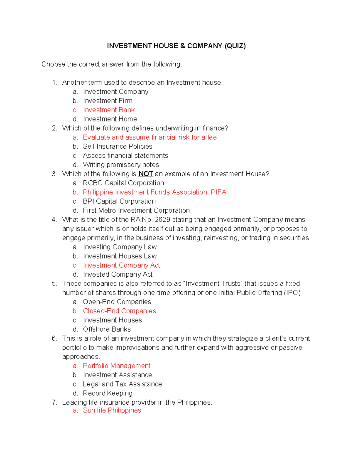 Investment House & Company (QUIZ) - INVESTMENT HOUSE & COMPANY (QUIZ ...