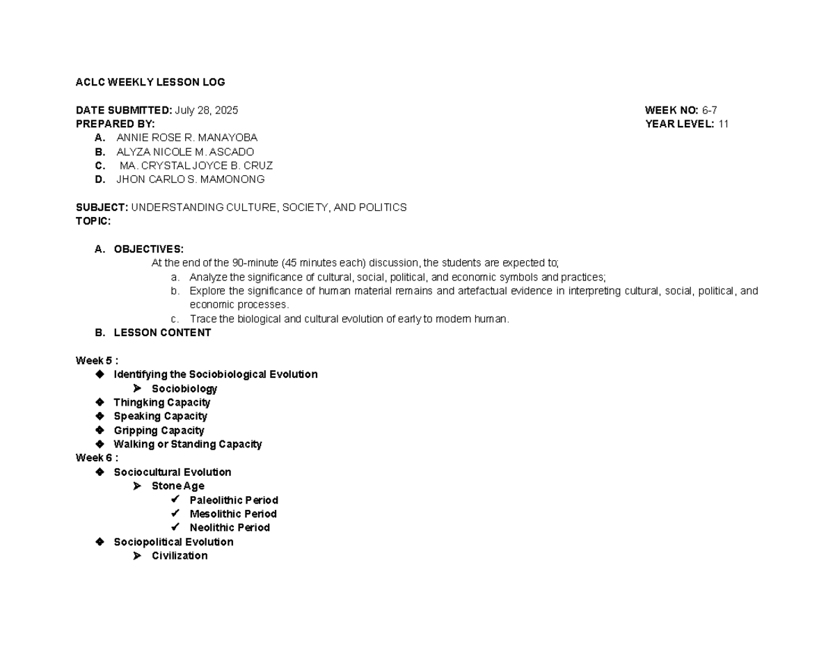 WLL #6-7 UCSP: Weekly Lesson Plan on Sociobiological & Sociocultural ...
