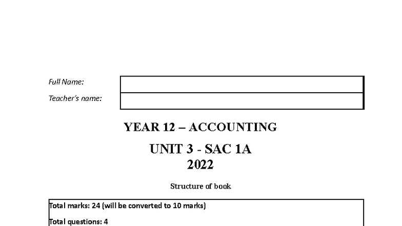 2022 Unit 3 SAC 1A Accounting Question Booklet & Instructions - Studocu