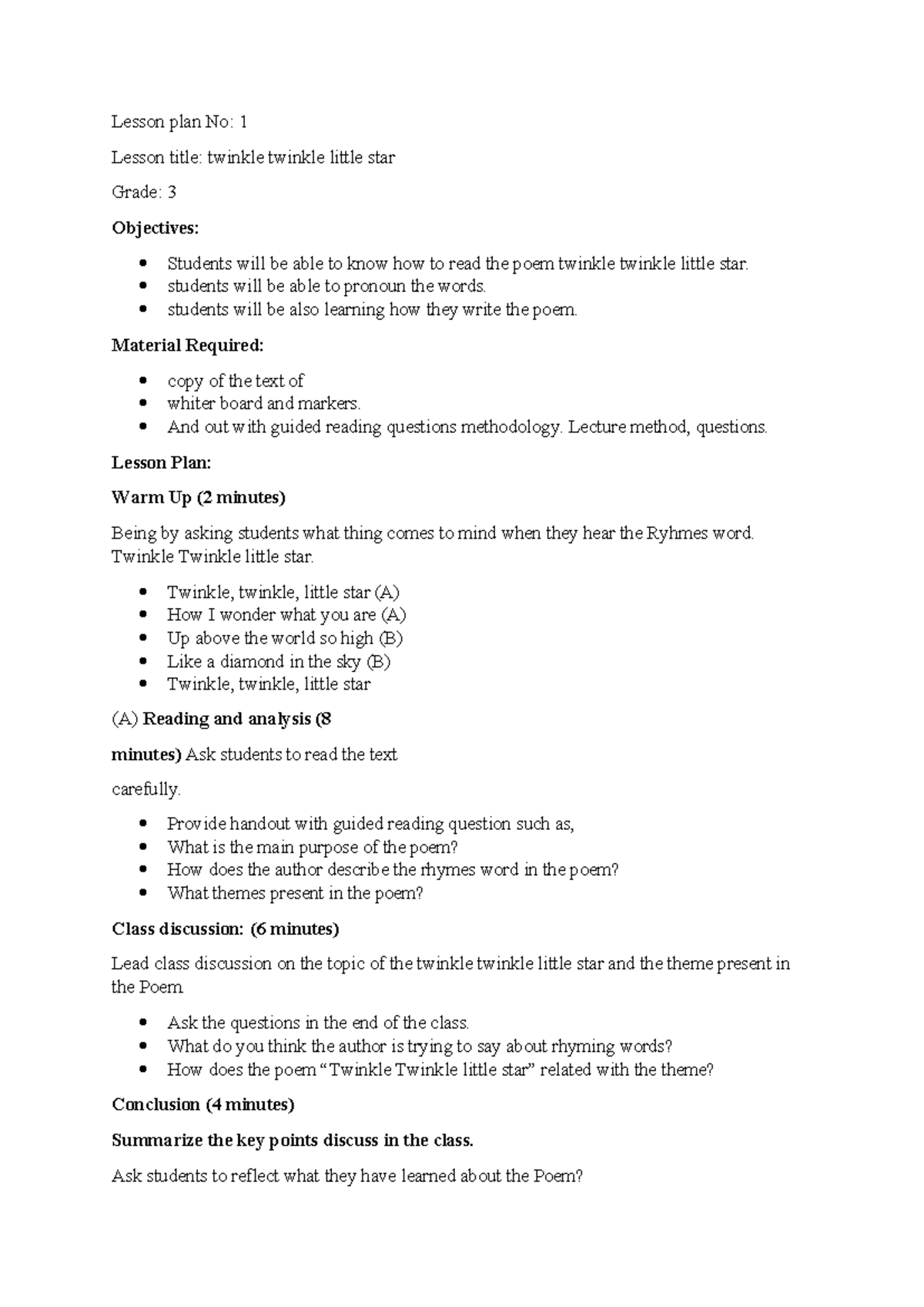 Grade 3 Lesson Plan: Twinkle Twinkle Little Star Activities - Studocu