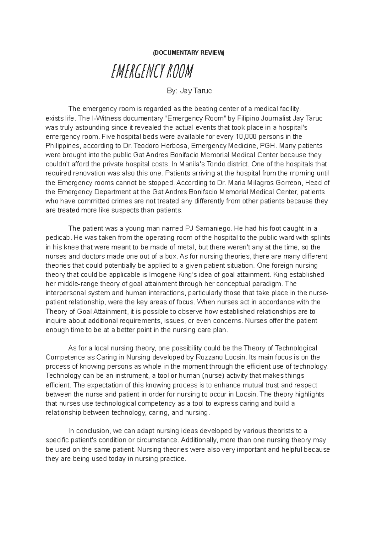 Review of I-Witness Documentary: Emergency Room Insights - Studocu