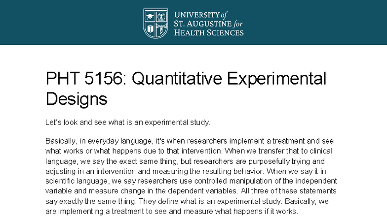 PHT 5156: Understanding Quantitative Experimental Study Designs - Studocu