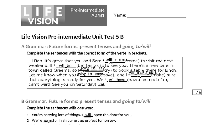 Life Vision A2 B1 Unit Test 5: Grammar and Vocabulary Review - Studocu