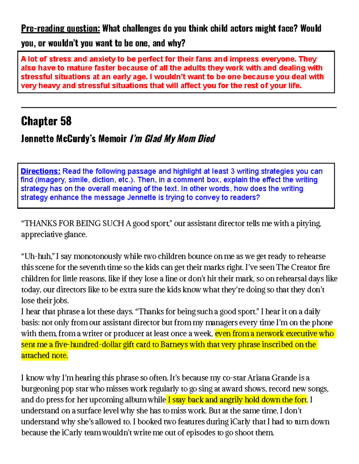 Reading Excerpt Analysis: Jennette McCurdy's Memoir Insights - Studocu