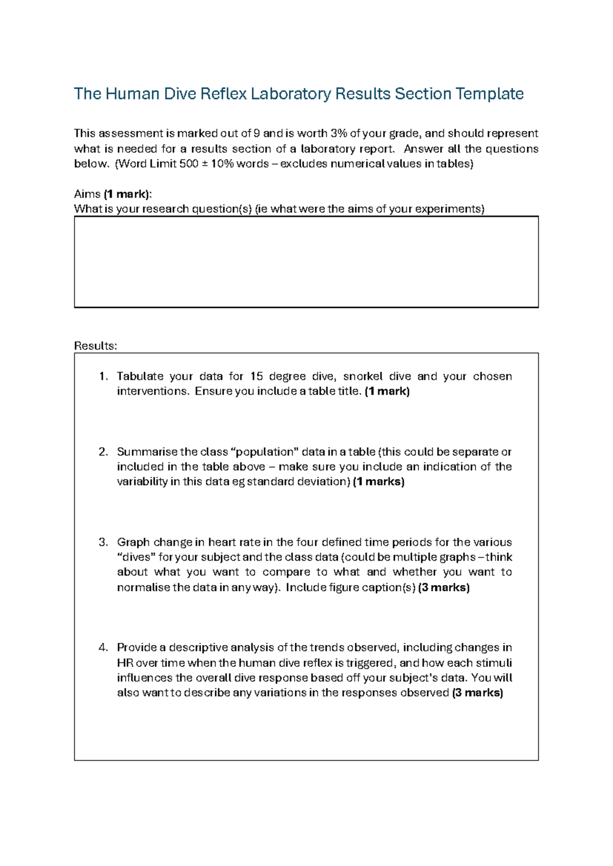 2026 Human Dive Reflex Lab Results Section Template - Studocu