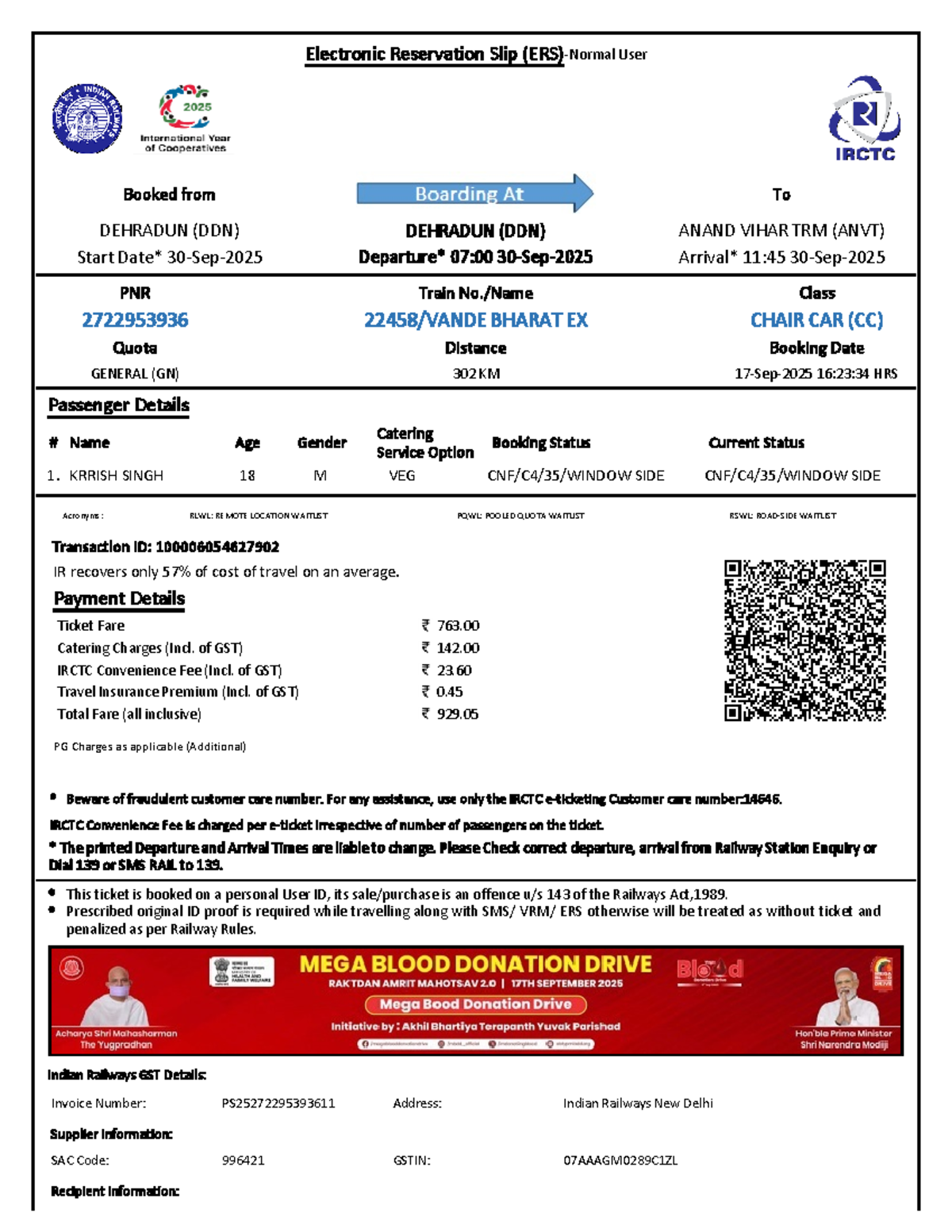 Electronic Reservation Slip for Train DDN to ANVT - PNR 2722953936 ...