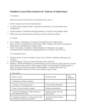 Detailed Lesson Plan in Science 8: Patterns of Inheritance II - Studocu