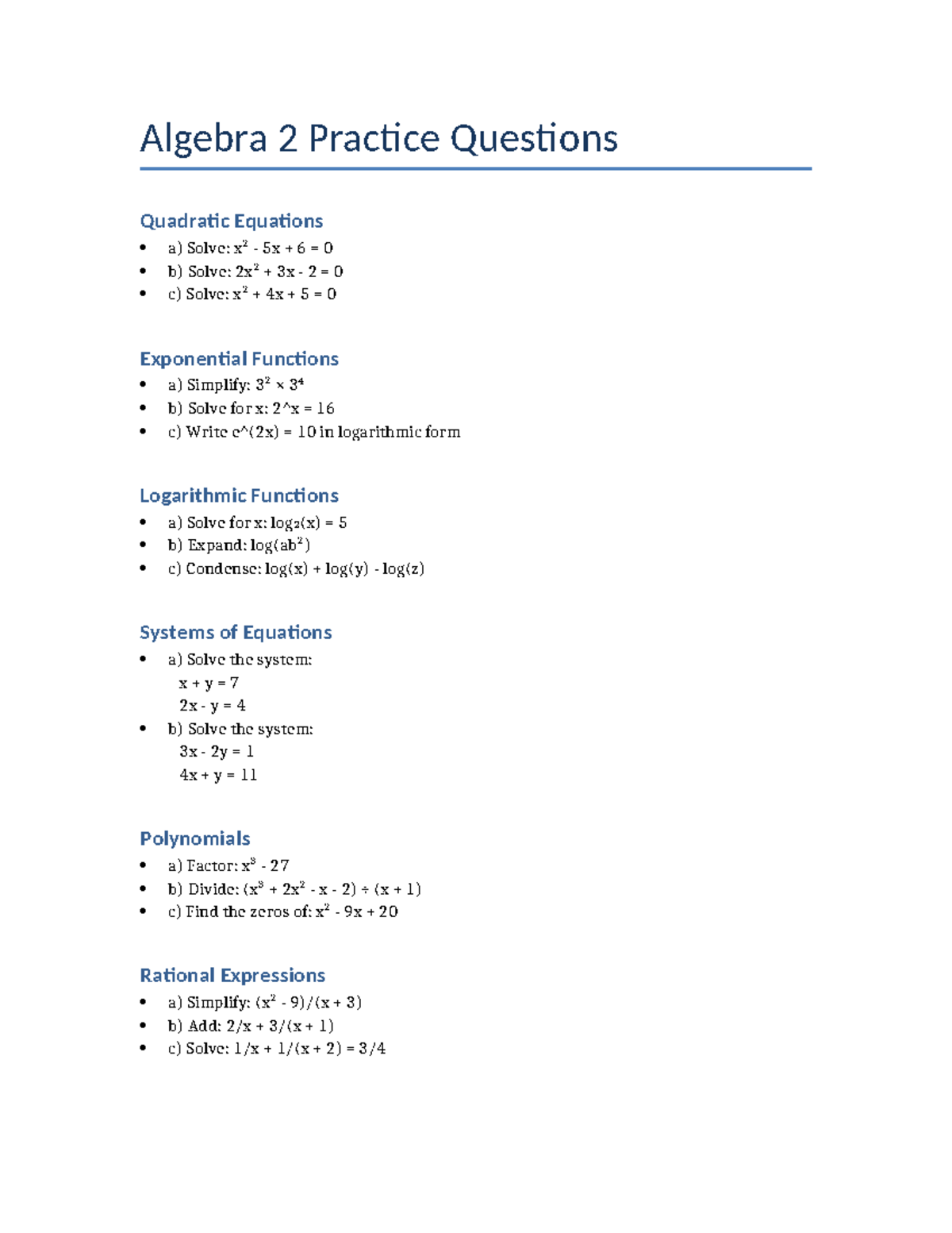 Algebra 2 Practice Questions: Quadratics, Exponents, Logs & More - Studocu