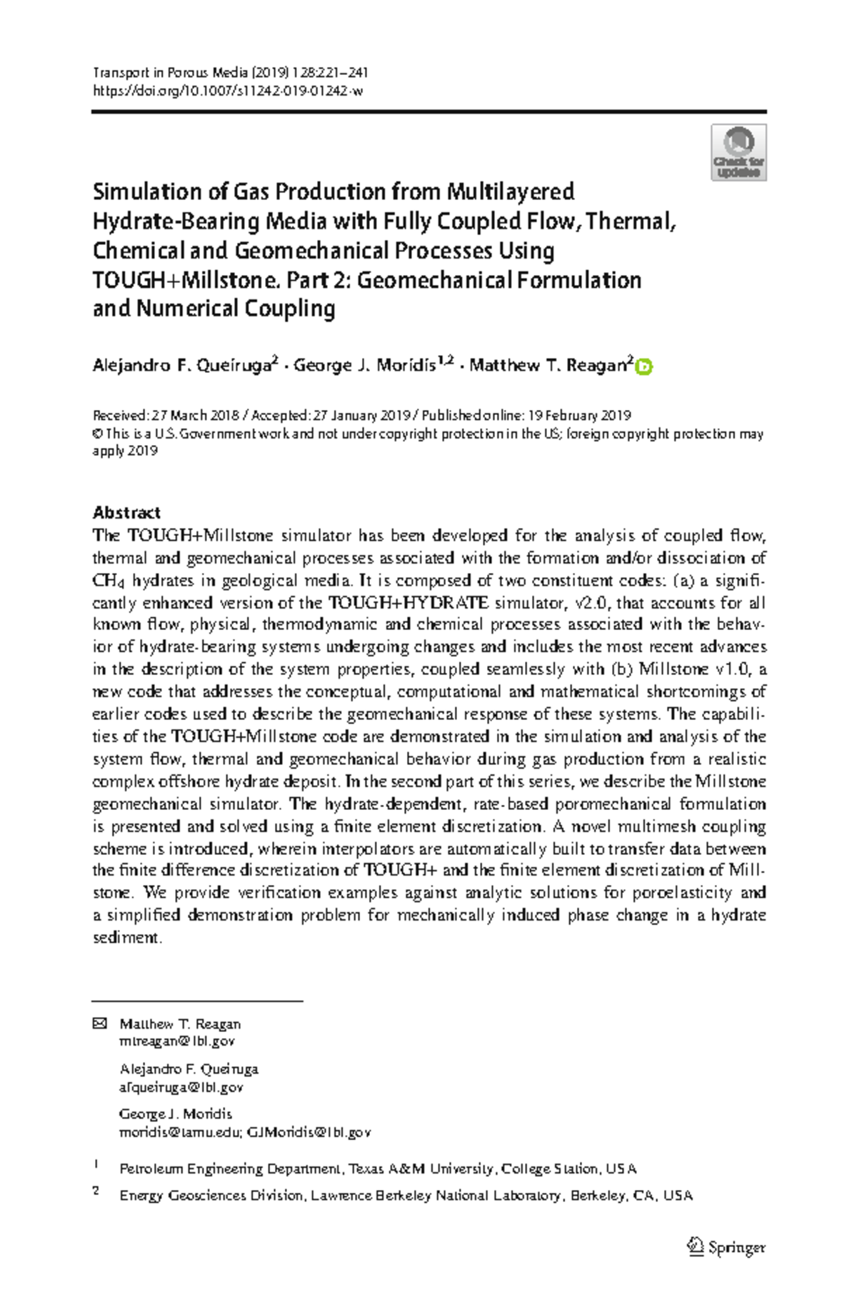 GH Part 2: Geomechanical Formulation and Numerical Coupling in Gas ...