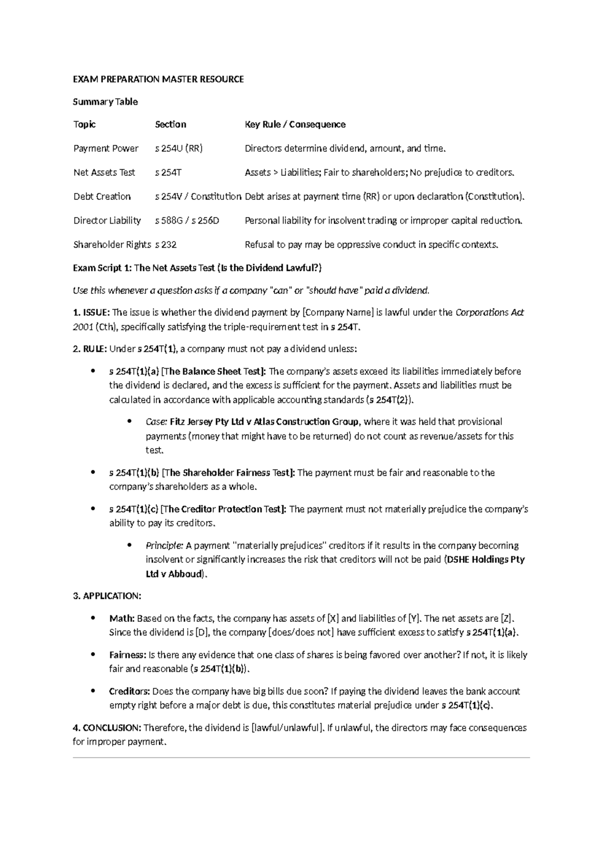 Corporate Law Exam Prep: Dividends & Director Liabilities (Week 4 ...