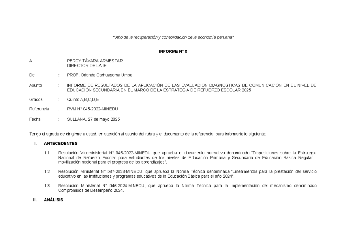 Informe de Resultados de Evaluación Diagnóstica 2025 - Quinto A, B, C, D, E - Studocu