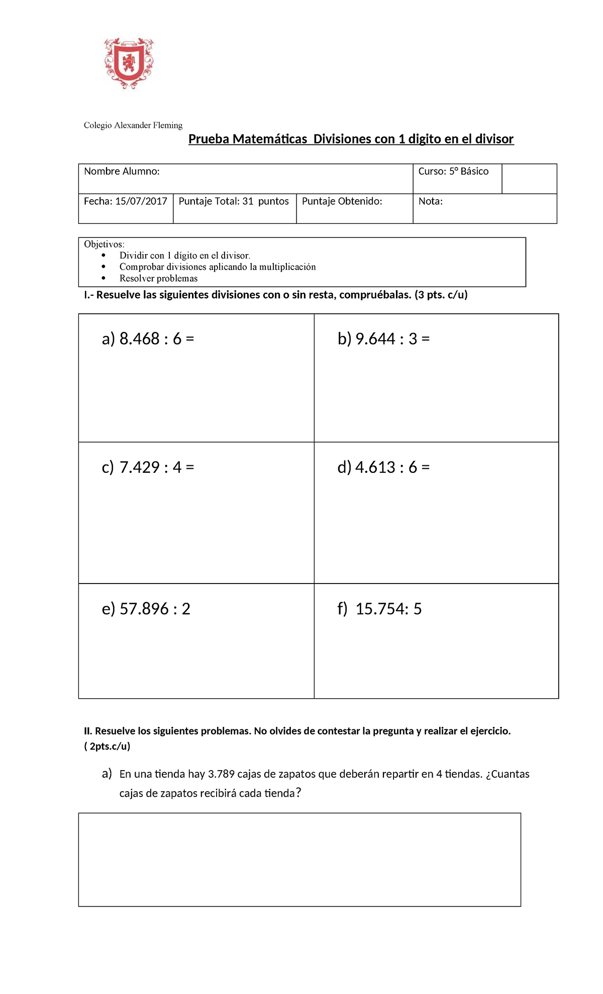 Prueba Matemáticas 5° Básico: Divisiones con 1 Dígito en el Divisor ...