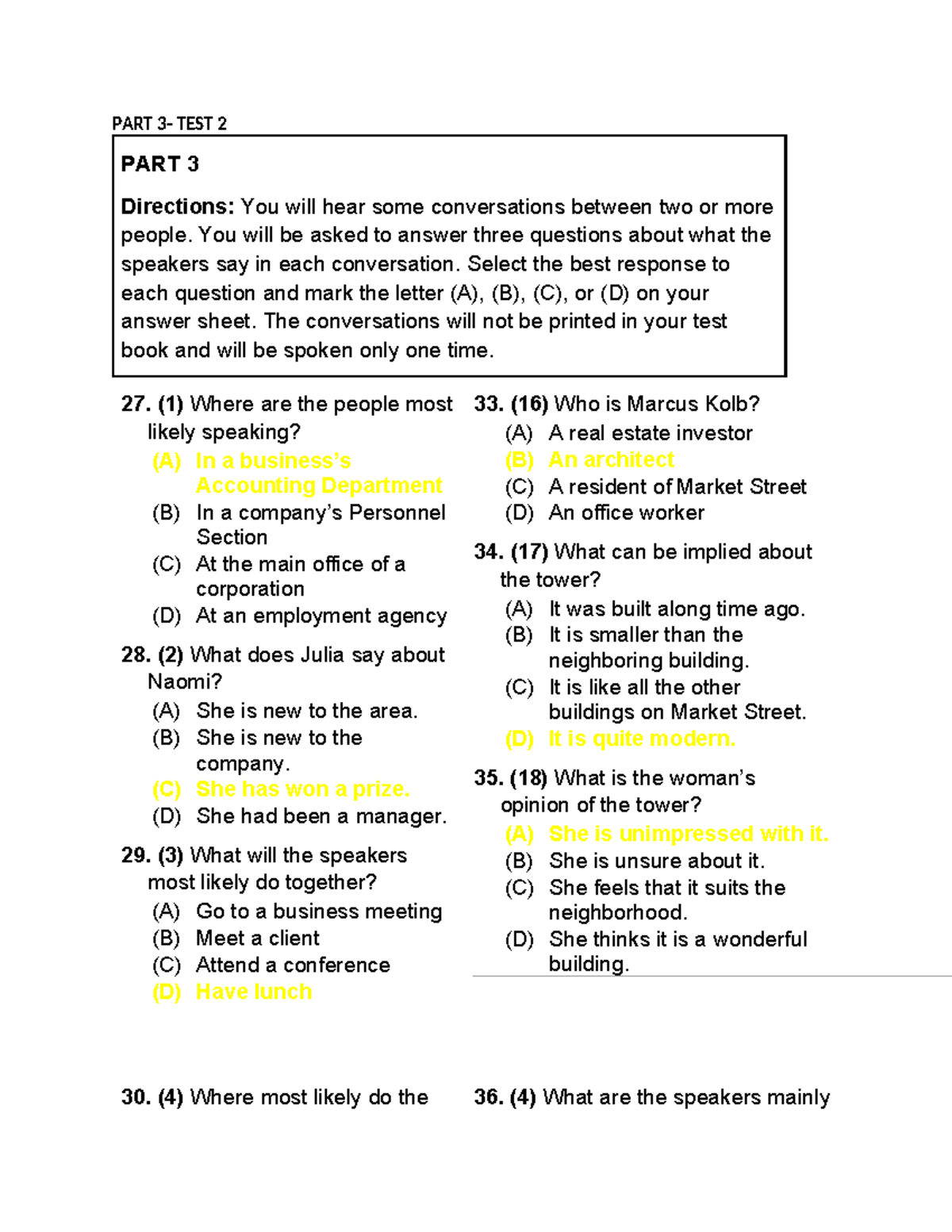PART TEST 2: Listening Comprehension Practice Questions - Studocu