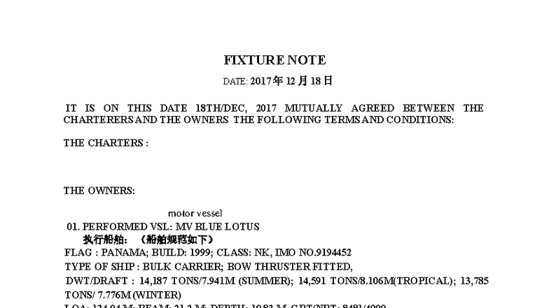 Fixture Note for MV Blue Lotus (2017) - FC to KSC - Studocu