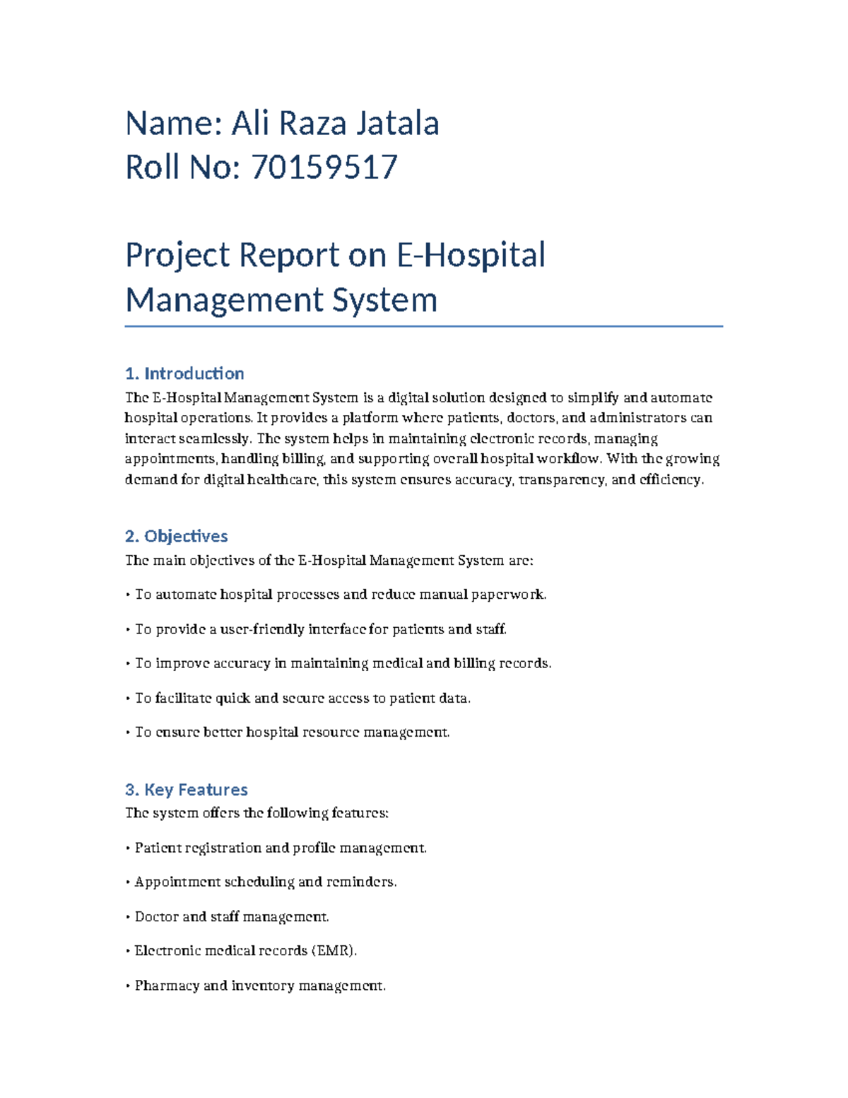 E-Hospital Management System Project Report (Course Code: MGT101) - Studocu