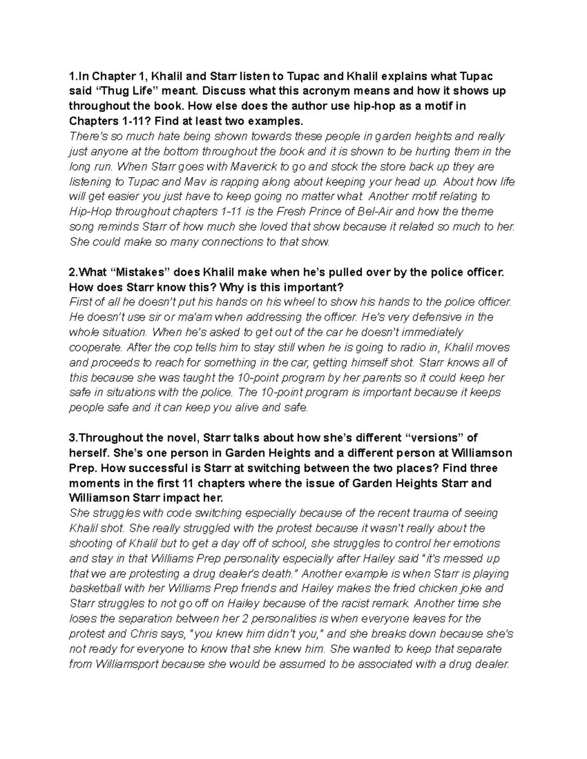 Discussion Notes on The Hate U Give - Insights on Chapters 1-11 - Studocu