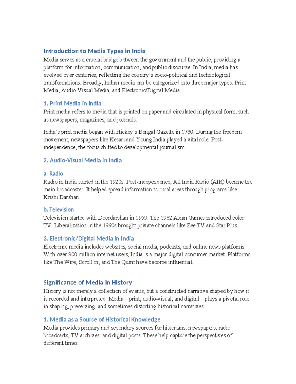 Media and History in India: Types and Significance of Media - Studocu