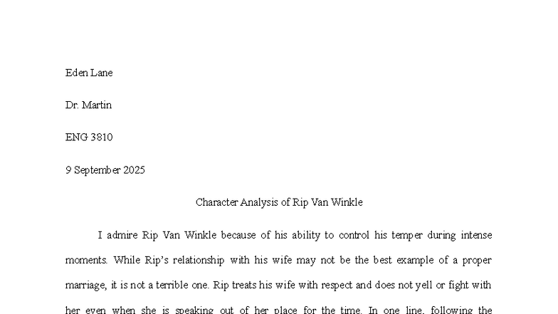 Character Analysis of Rip Van Winkle - ENG 3810 Essay - Studocu
