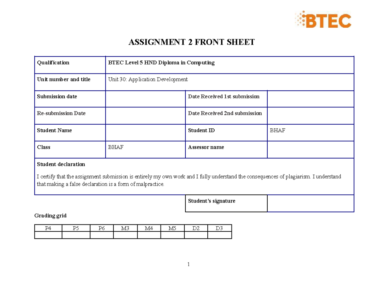 ASM2 Application Development: BTEC Level 5 HND Diploma in Computing ...