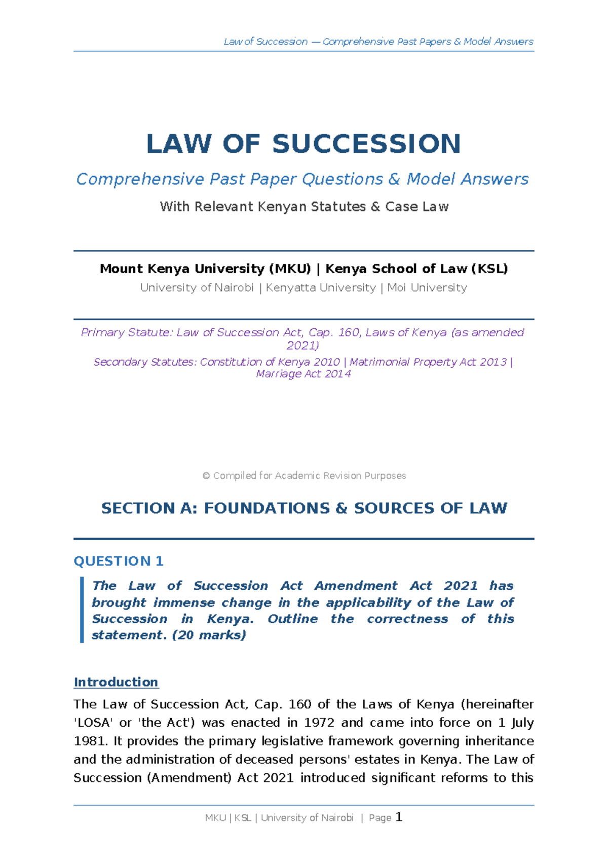 Law of Succession Past Papers & Model Answers (MKU KSL) - Studocu