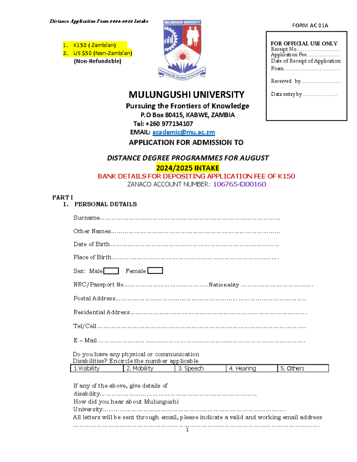 2024-2025 Distance Application Form - FORM AC 01 A 1 .Visibility 2 ...