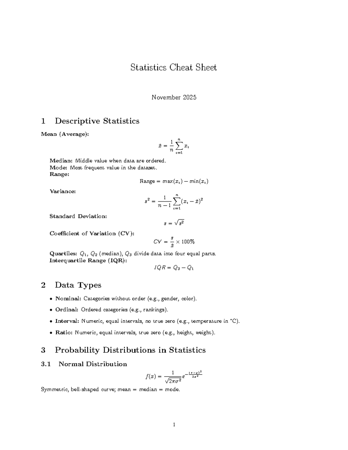 Statistics Cheat Sheet (Final Exam) - Key Concepts & Formulas - Studocu