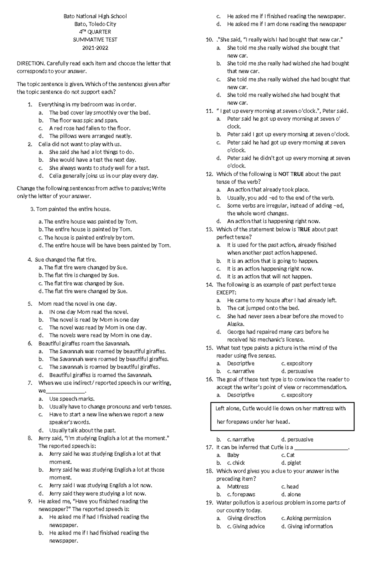 4TH QUARTER SUMMATIVE TEST - Bato National High School - Studocu