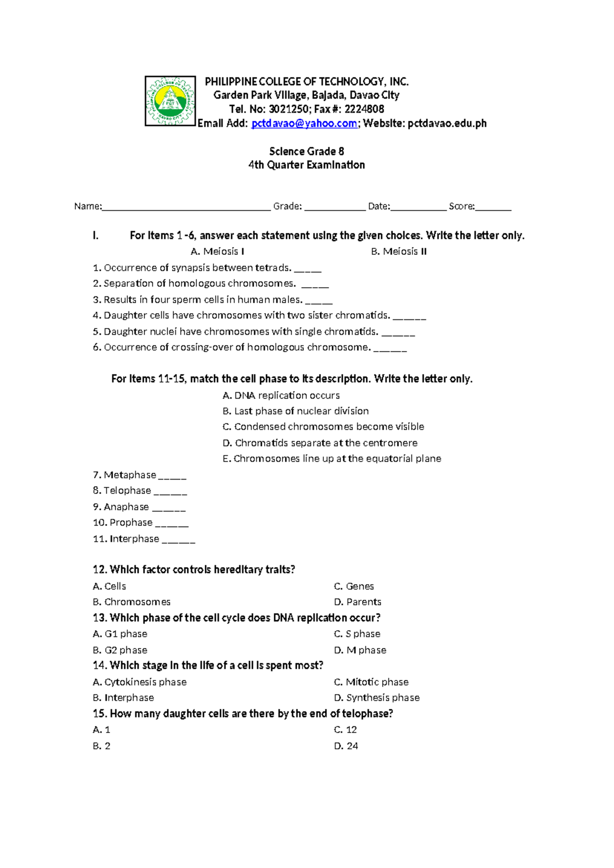 Science 8 4th Quarter Exam Review Guide and Sample Questions - Studocu