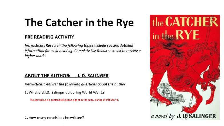 The Catcher in the Rye (ENG 101) Pre-Reading Activity Guide - Studocu