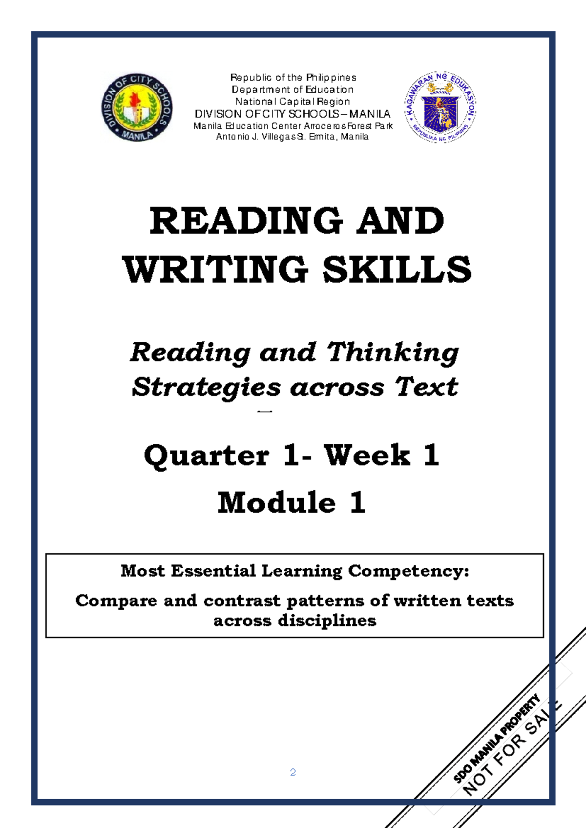 Reading and Writing Skills: Module 1, Quarter 1, Week 1 Activities ...