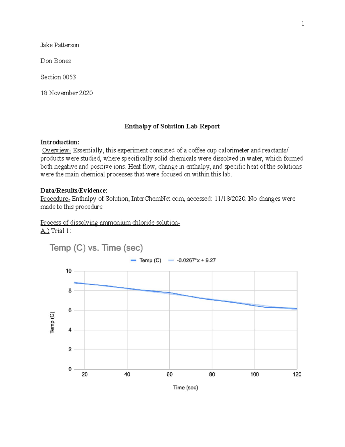 Chem Lab Report Enthalpy of Solution - Jake Patterson Don Bones Section ...