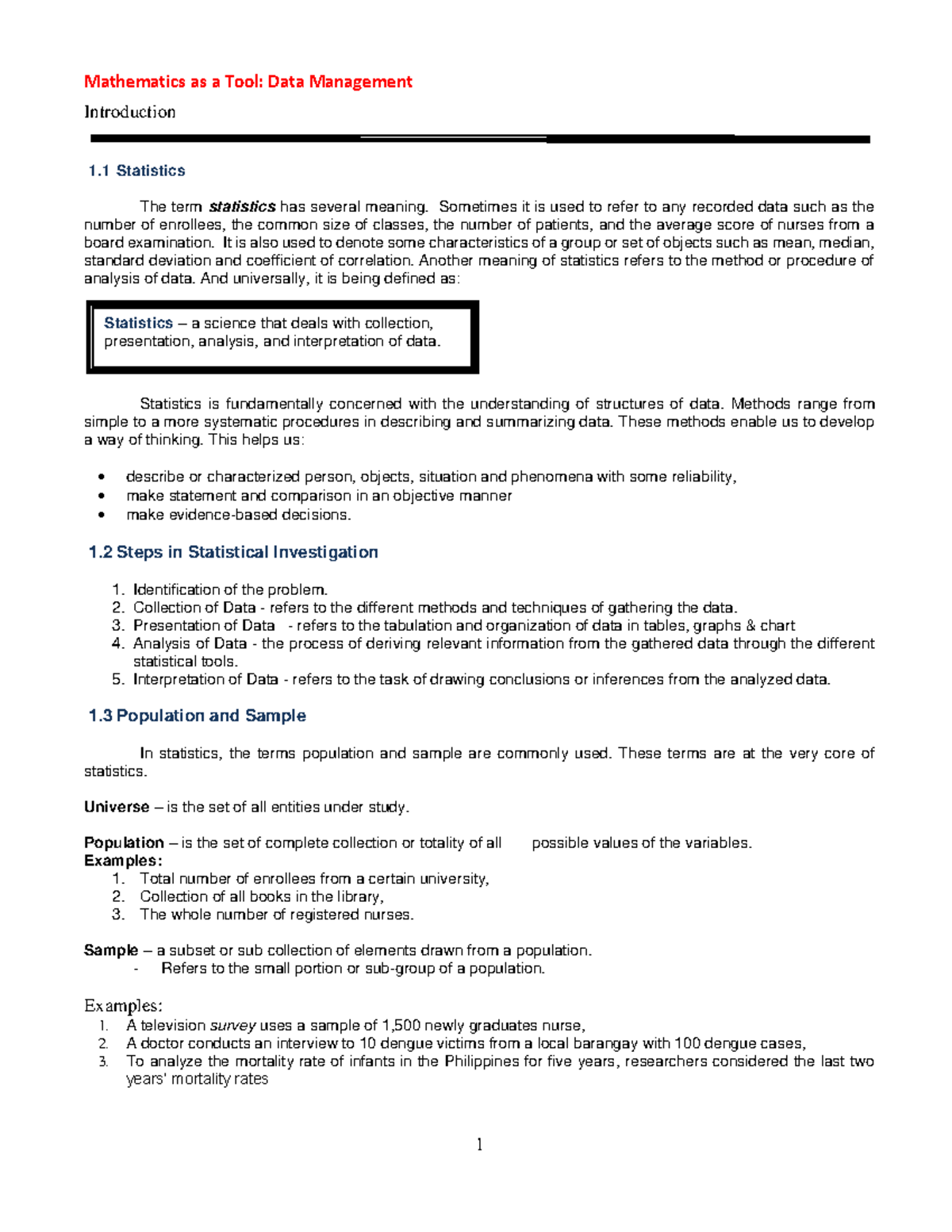 MATM 111 - Statistics: Measures of Central Tendency and Data Management ...