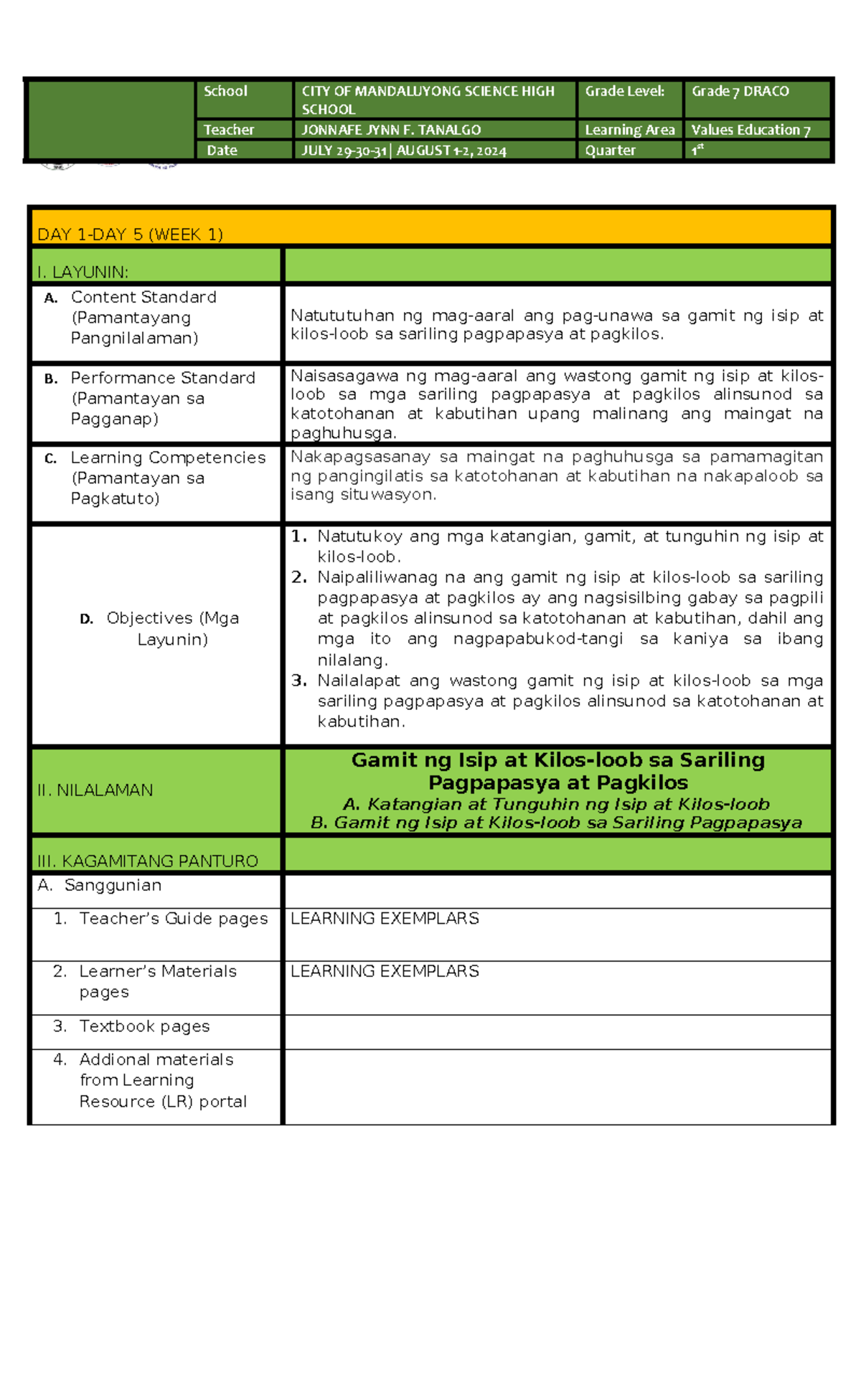 Q1-G7-DR Values Education - Week 1 Lesson Plan - Studocu