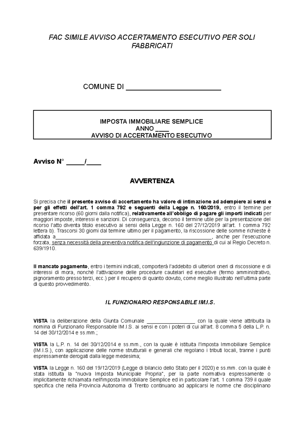 Fac Simile Avviso Accertamento Esecutivo - IM.I.S. Modello A - Studocu