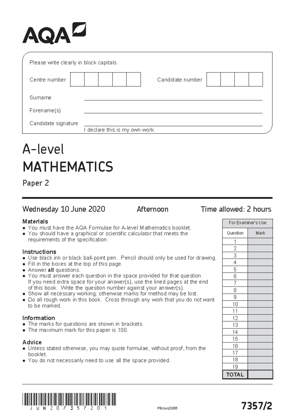 AQA Mathematics Paper 2 - June 2020 Exam Questions - Studocu
