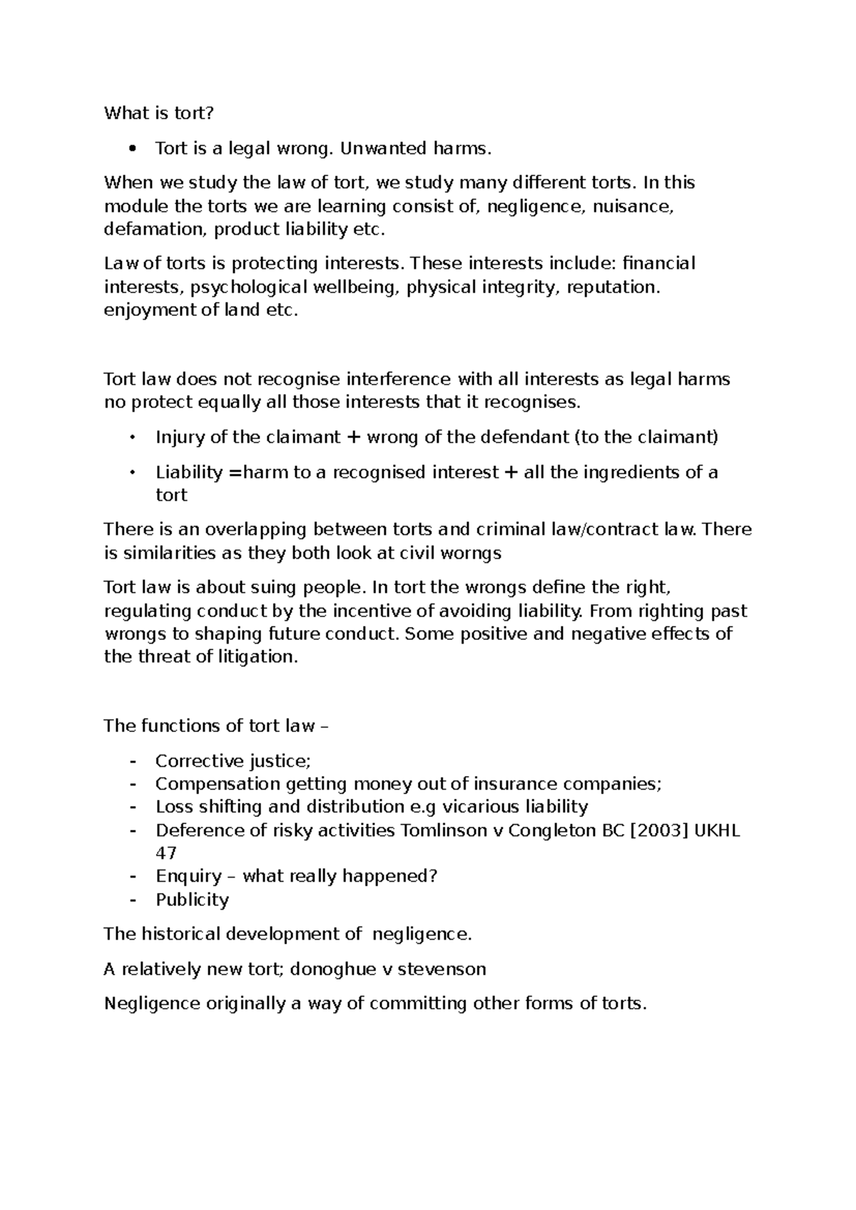 Tort Law Overview - Lecture Notes on Legal Wrongs and Negligence - Studocu