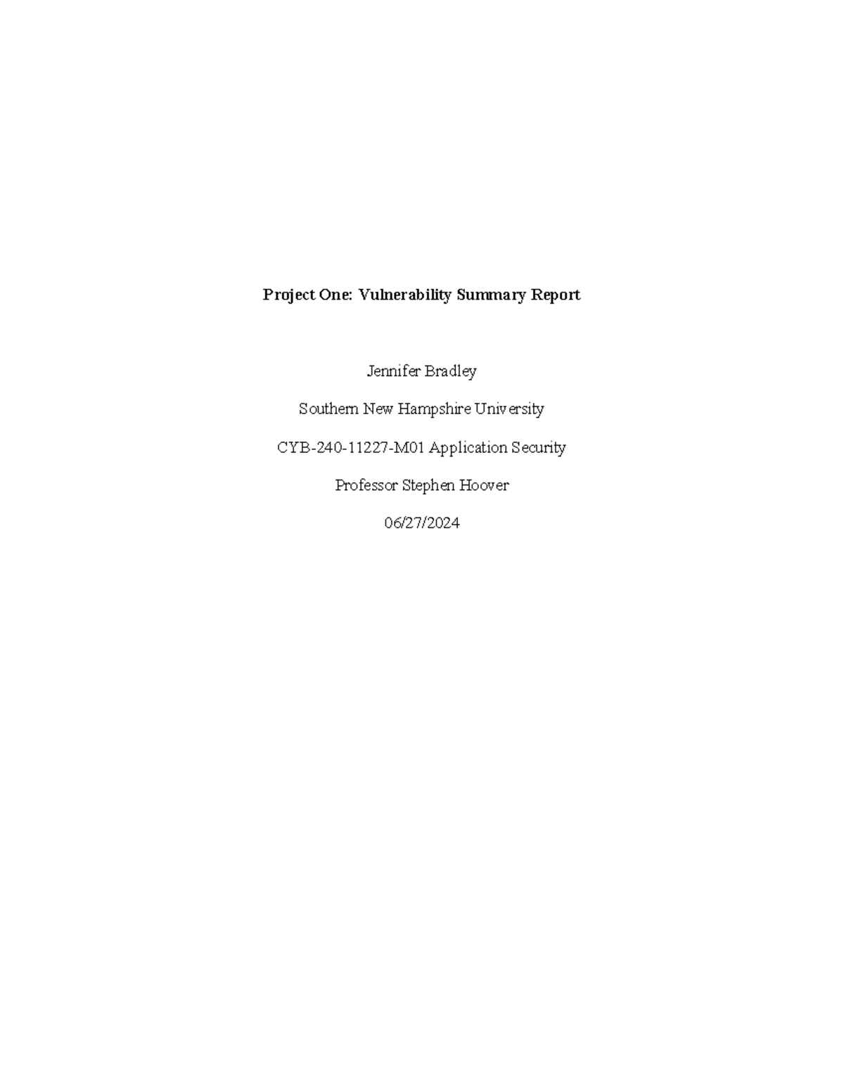 CYB 240 Project One: Vulnerability Summary Report by Jennifer Bradley ...