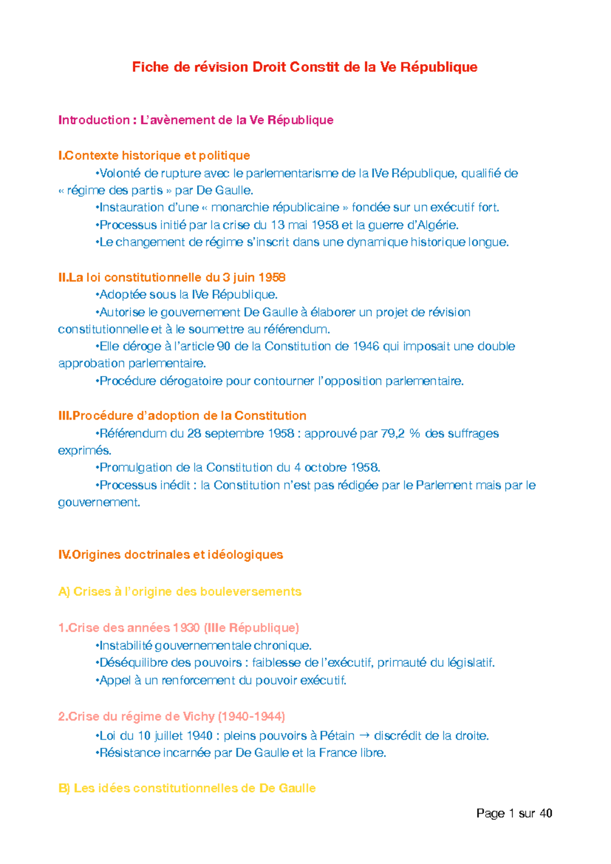Fiche de révision Droit Constit 5e République : Introduction et ...