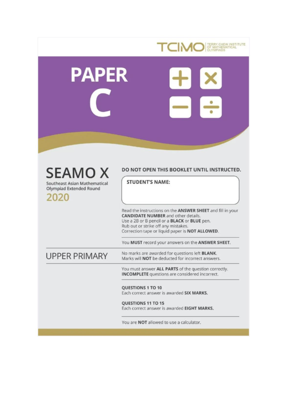 SEAMO X 2020 Olympiad Paper C - Do Not Open Until Instructed - Studocu
