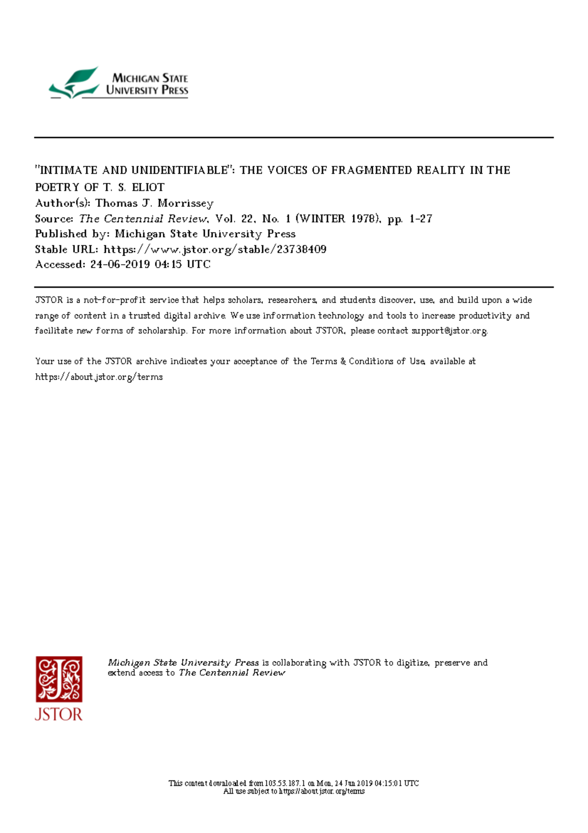 Voices of Fragmented Reality in T.S. Eliot's Poetry - ELIOT-1 - Studocu